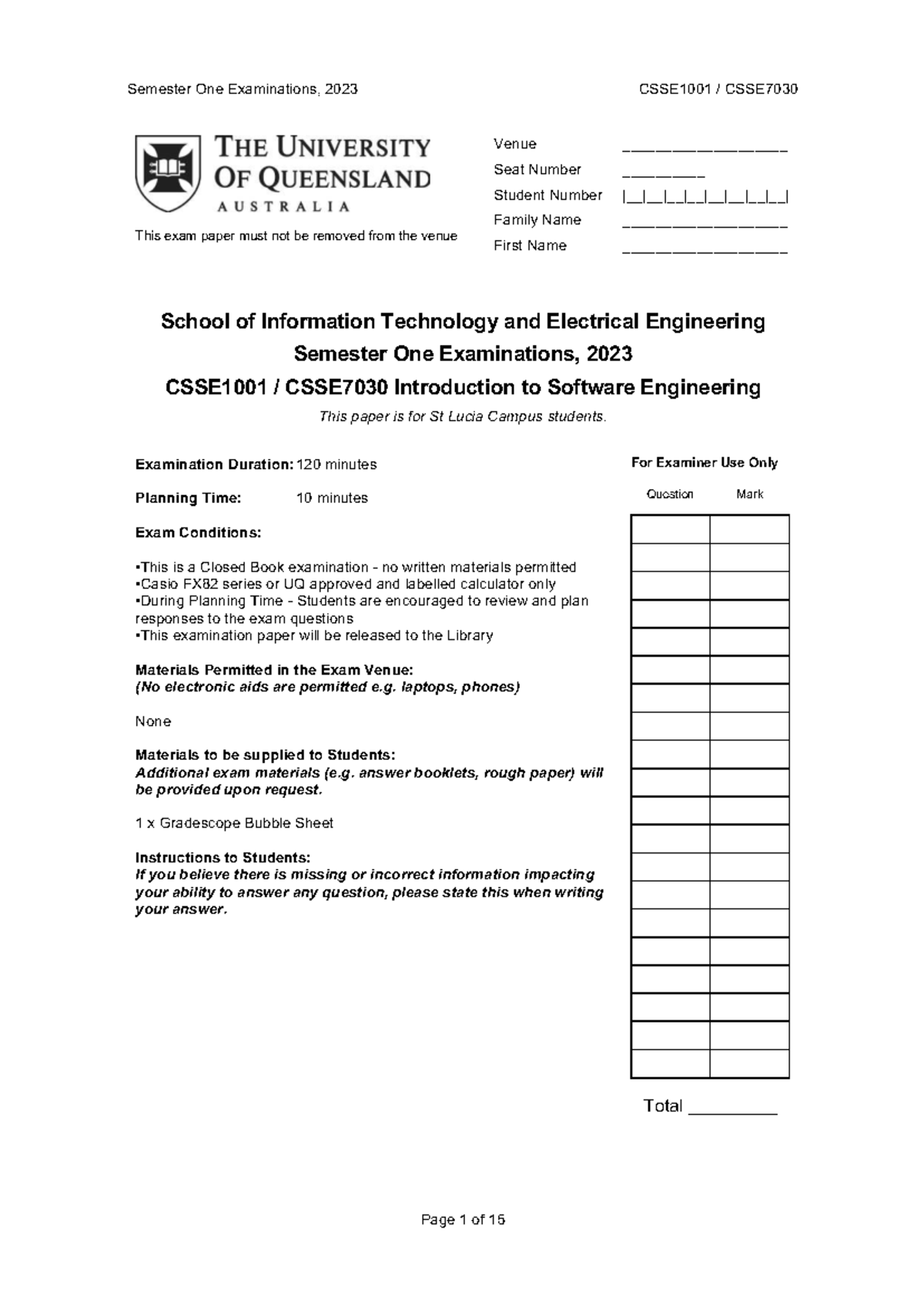 Semester One Final Exam 2023 CSSE1001: Introduction to Software ...
