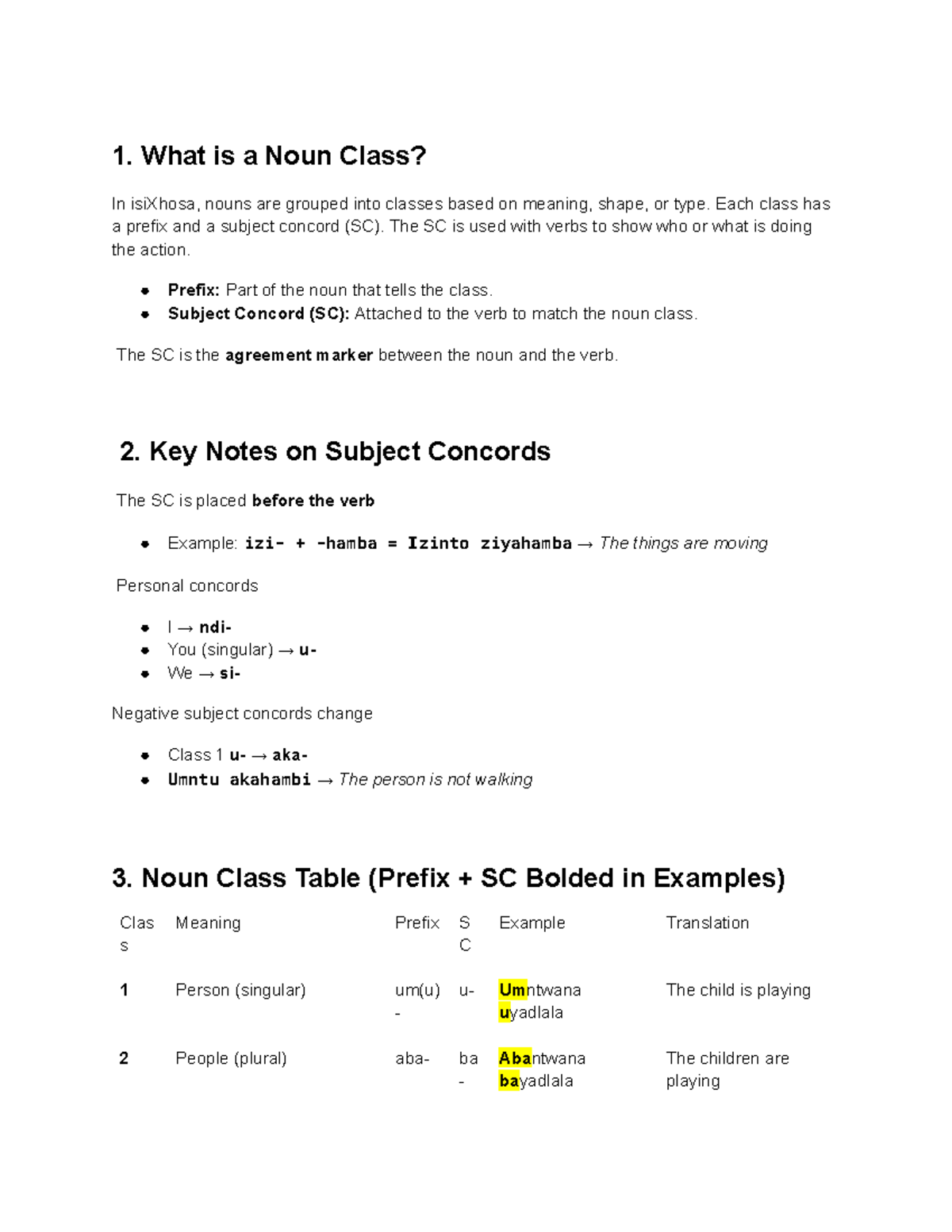 Note on Noun Classes and Subject Concords (Linguistics 101) - Studocu