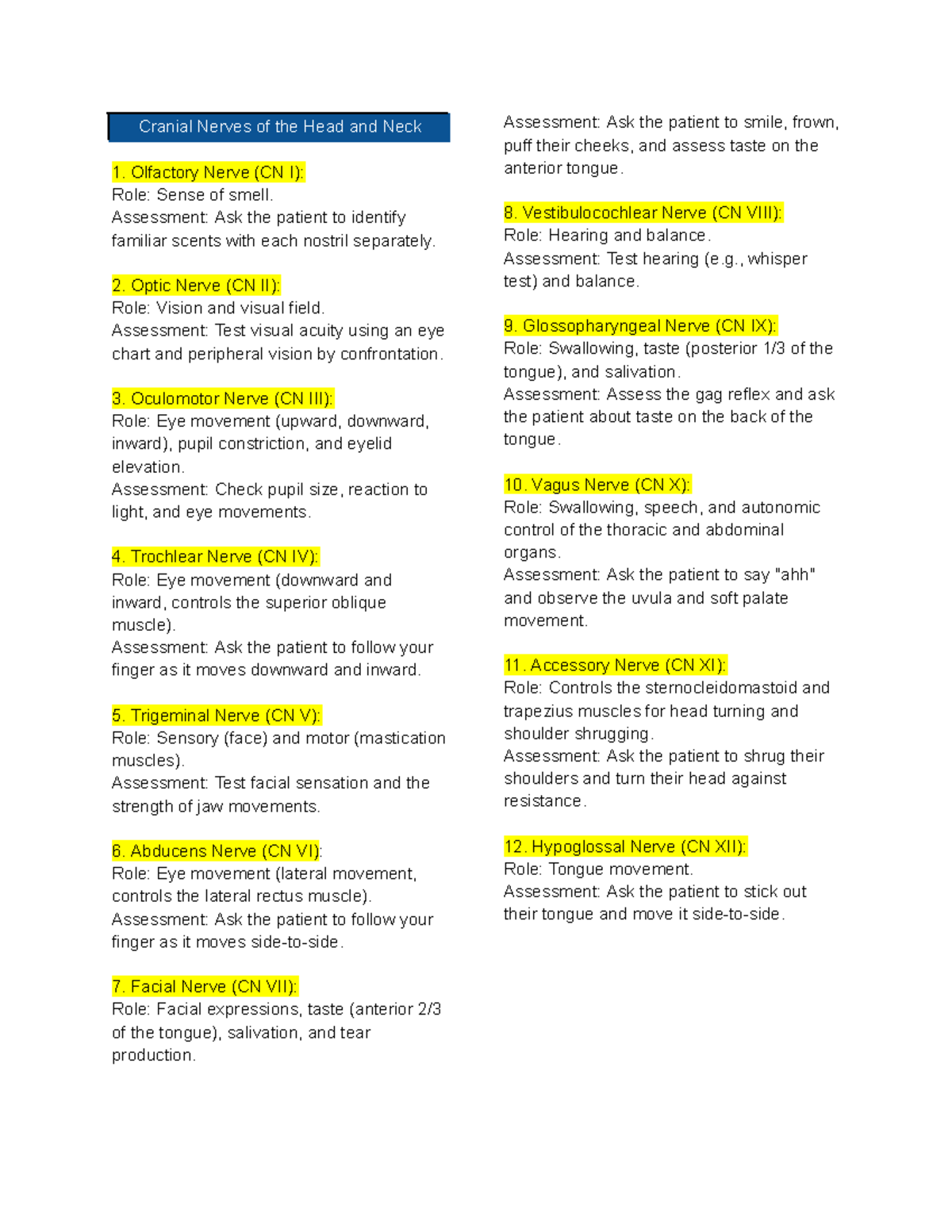 Cranial nerves overview and assessments for head and neck anatomy - Studocu