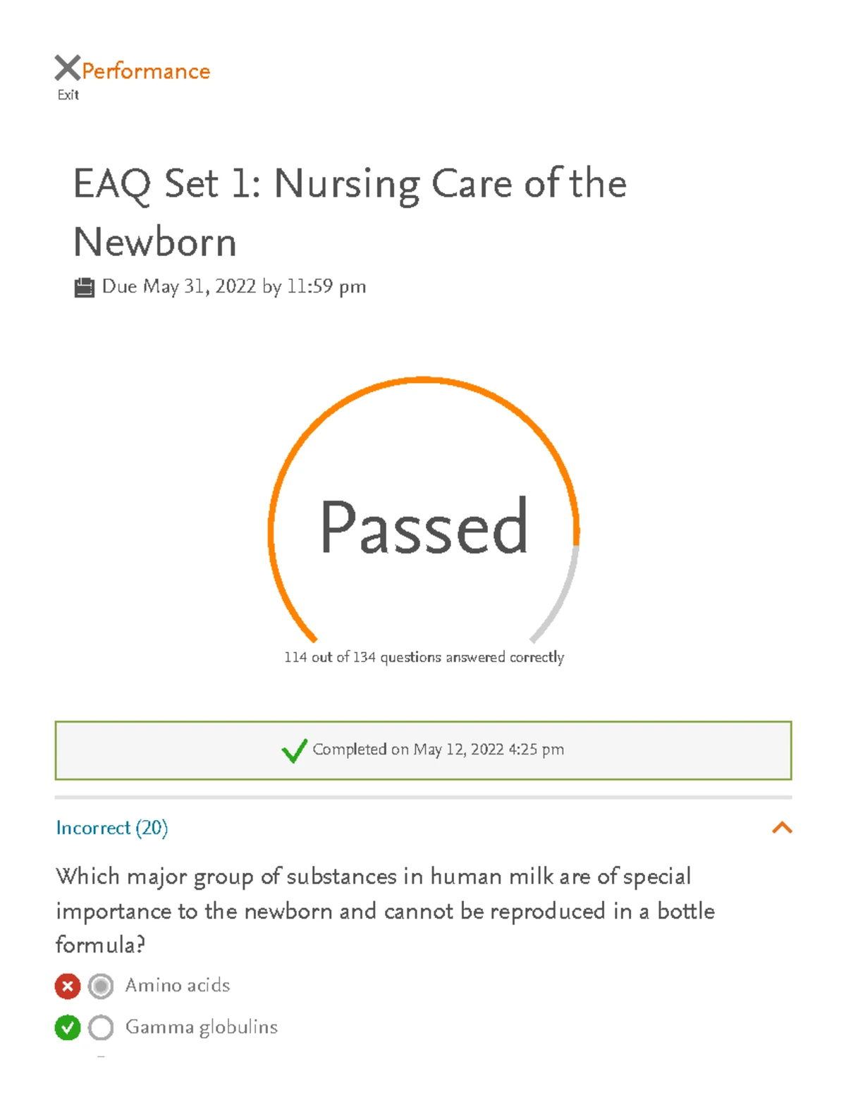 Elsevier Adaptive Quizzing Quiz Performance Exit Performance Chapter 50 Quiz Due May 18