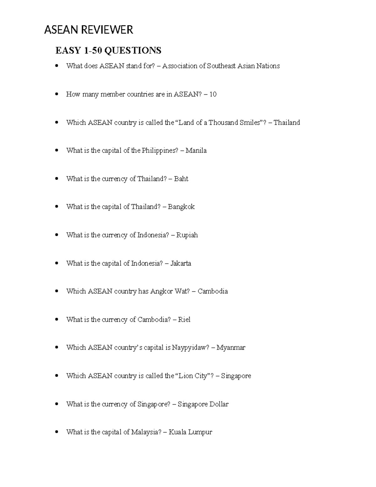 ASEAN QUIZ BEE REVIEWER: Easy & Medium Questions - Studocu