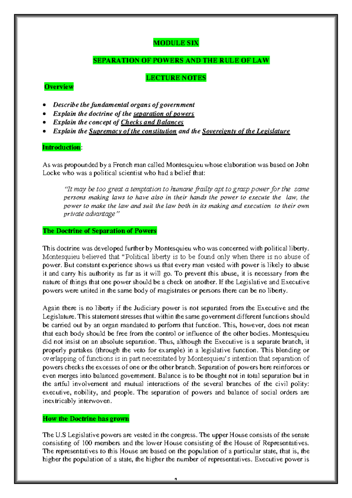 MODULE 6: LECTURE NOTES ON SEPARATION OF POWERS & RULE OF LAW - Studocu