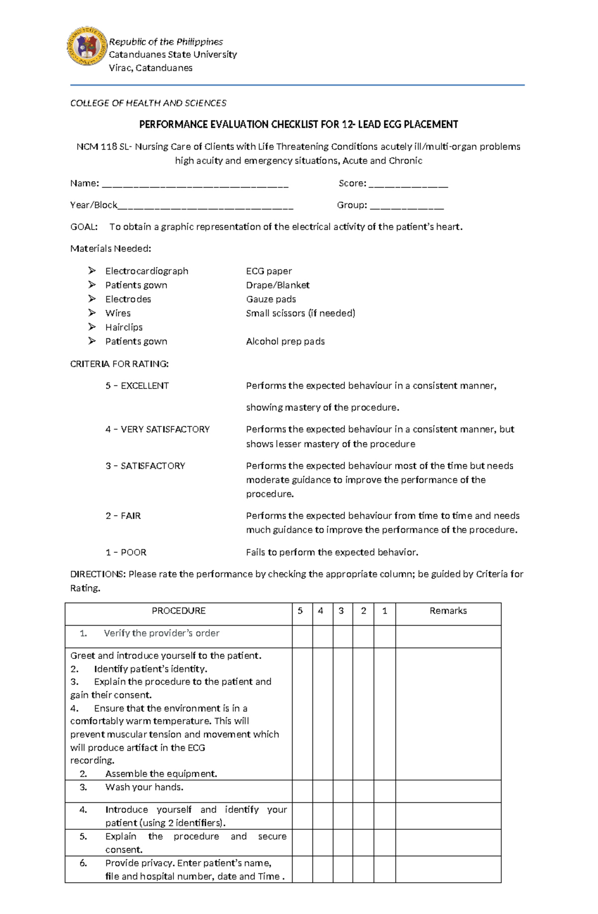 NCM 118 SL - Performance Evaluation Checklist for 12-Lead ECG - Studocu