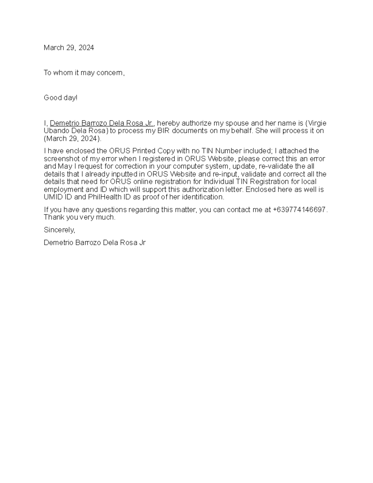 BIR Authorization Letter for Spouse's Document Processing - Studocu
