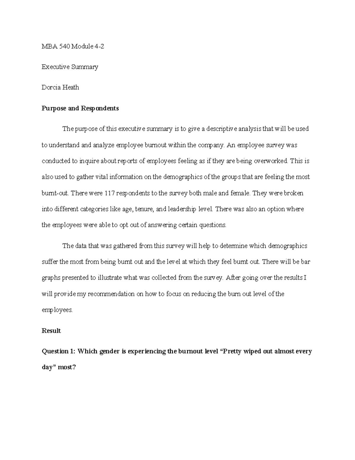 MBA 540 Module 4-2 Executive Summary on Employee Burnout Analysis - Studocu