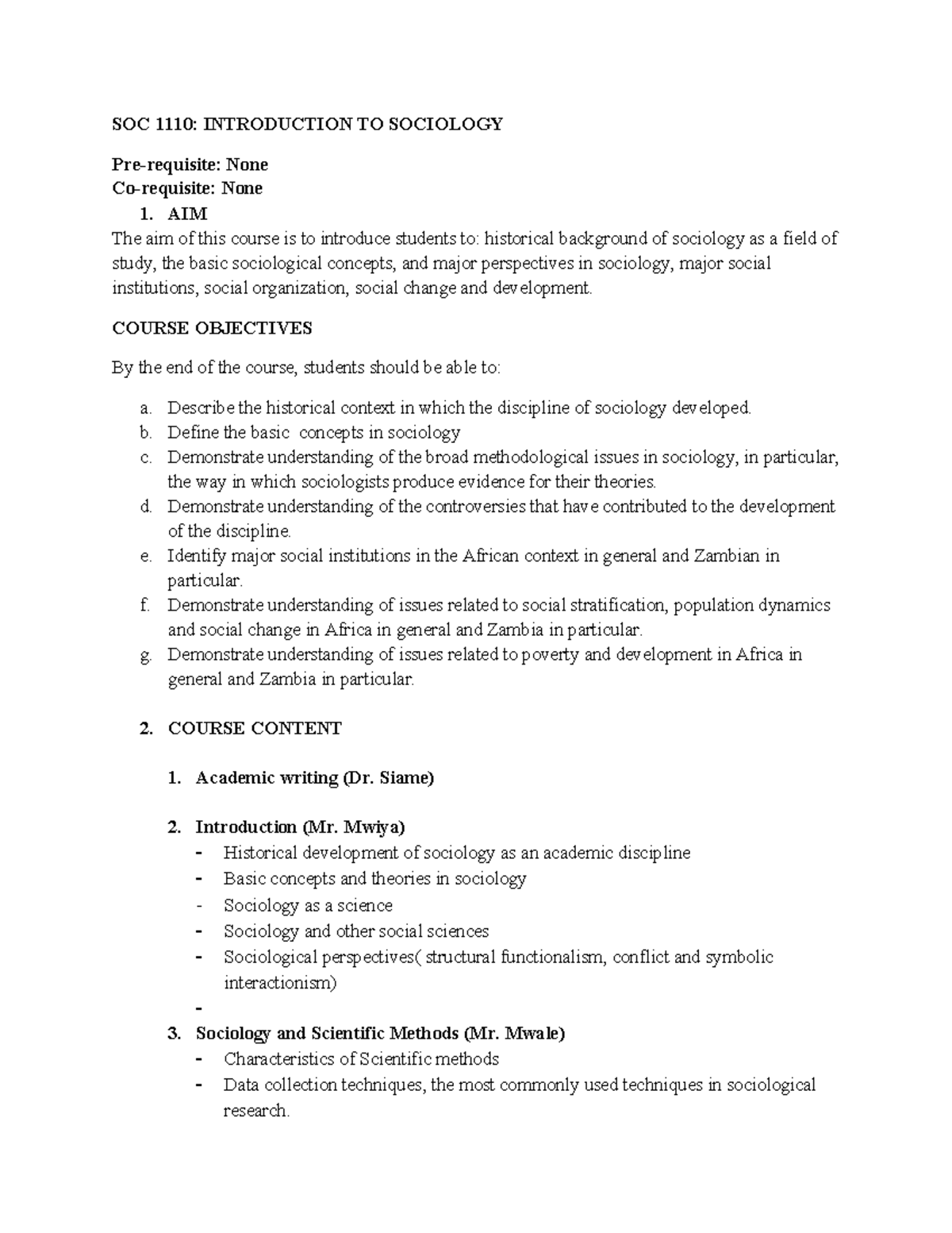 SOC 1110 Course Outline: Introduction to Sociology Overview - Studocu