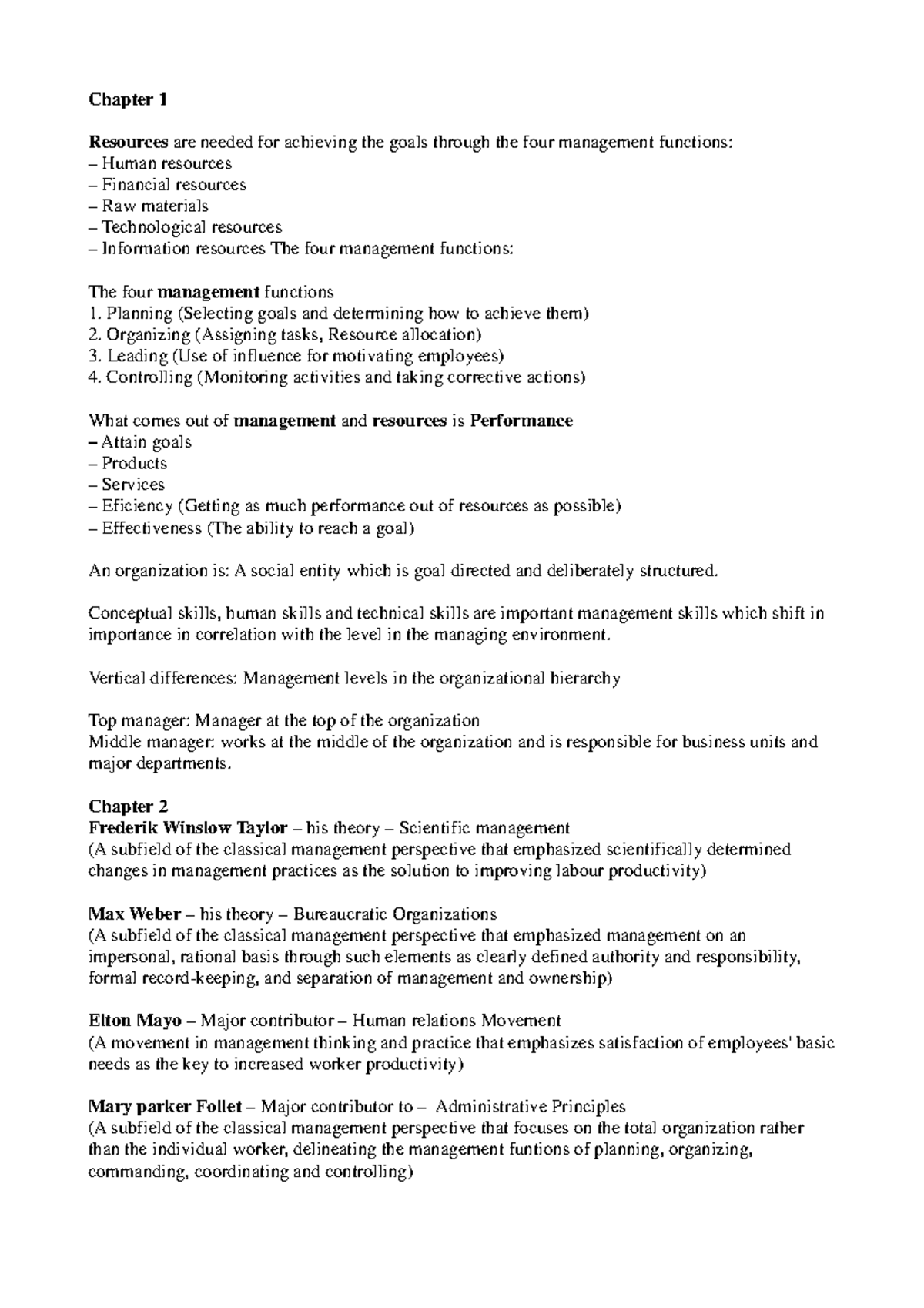 Management Functions and Theories: Overview (MGMT 101) - Studeersnel