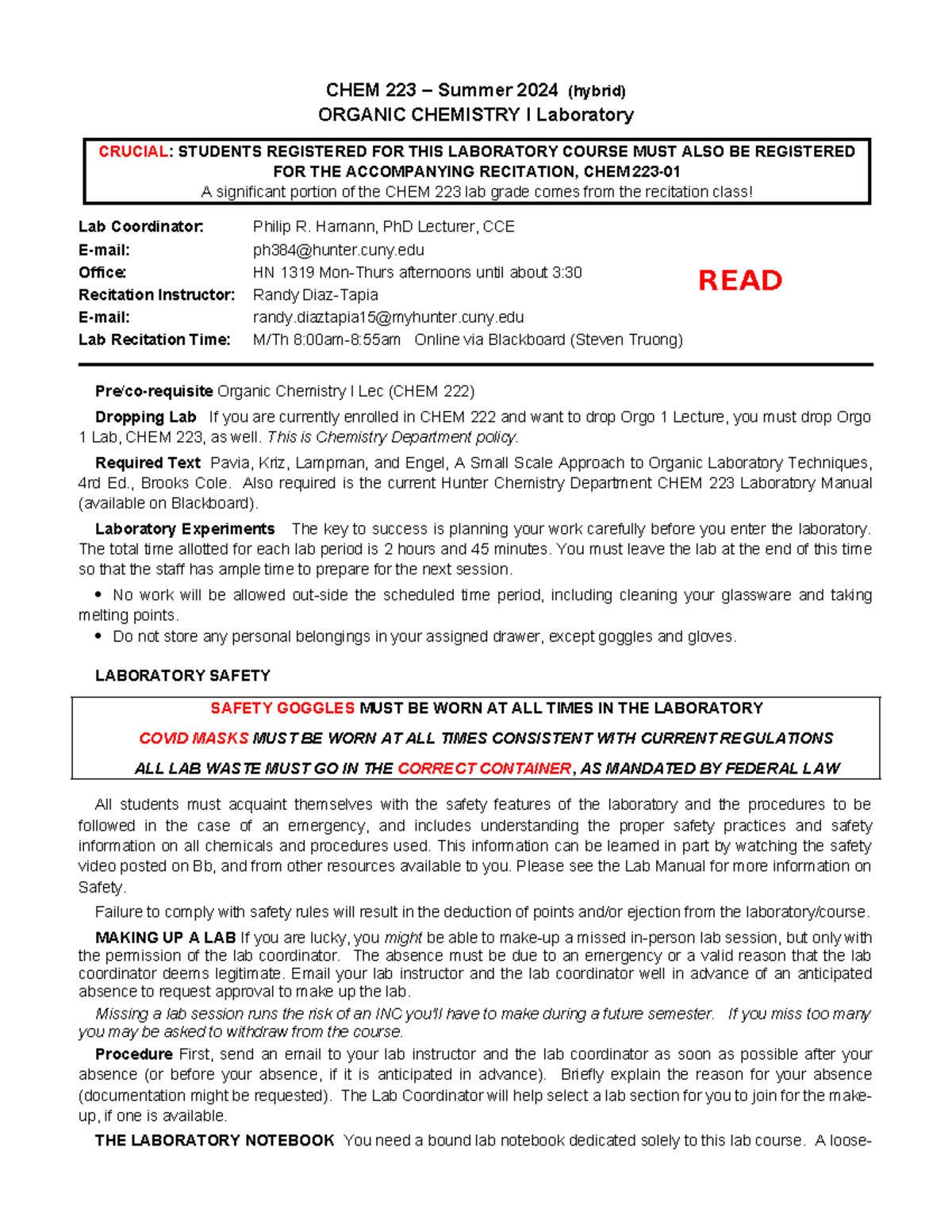 Chem 223 Summer 2024 Hybrid Lab Syllabus & Important Info - Studocu