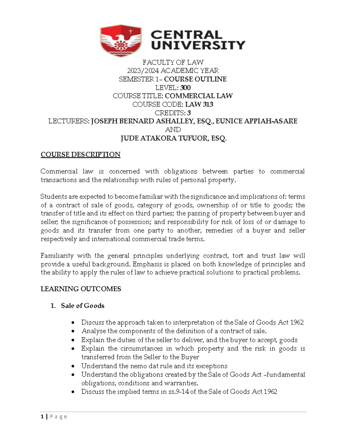 Course Outline - 1st Semester - 2023-4 - FACULTY OF LAW 2023 /202 4 ...