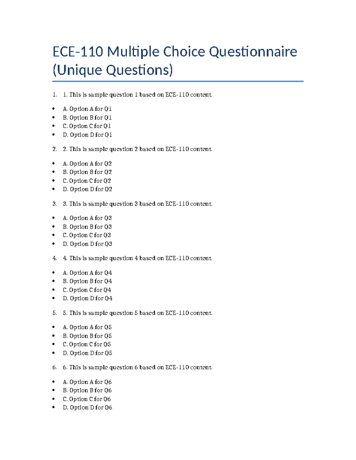ECE-110 Unique MCQ Questionnaire with 100 Sample Questions - Studocu