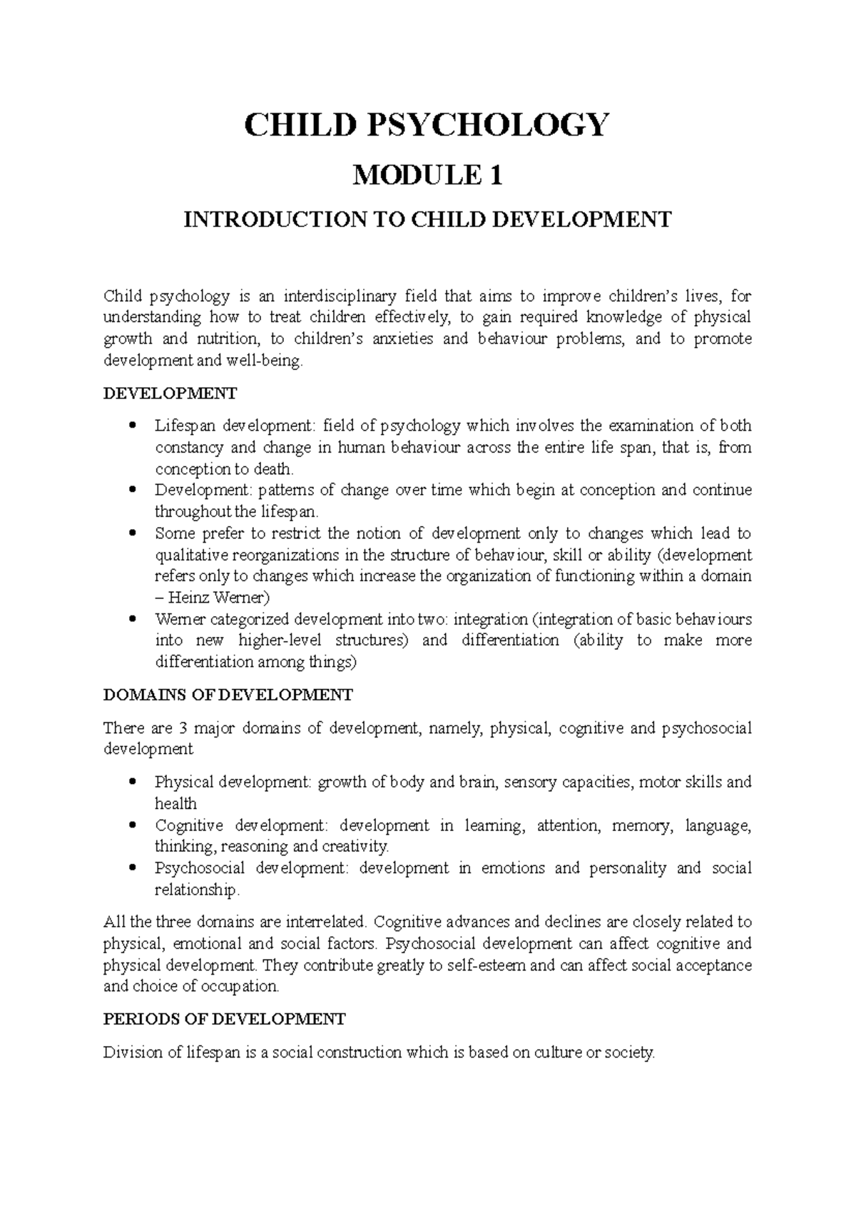 CHILD PSYCHOLOGY MODULE 1: INTRO TO CHILD DEVELOPMENT - Studocu