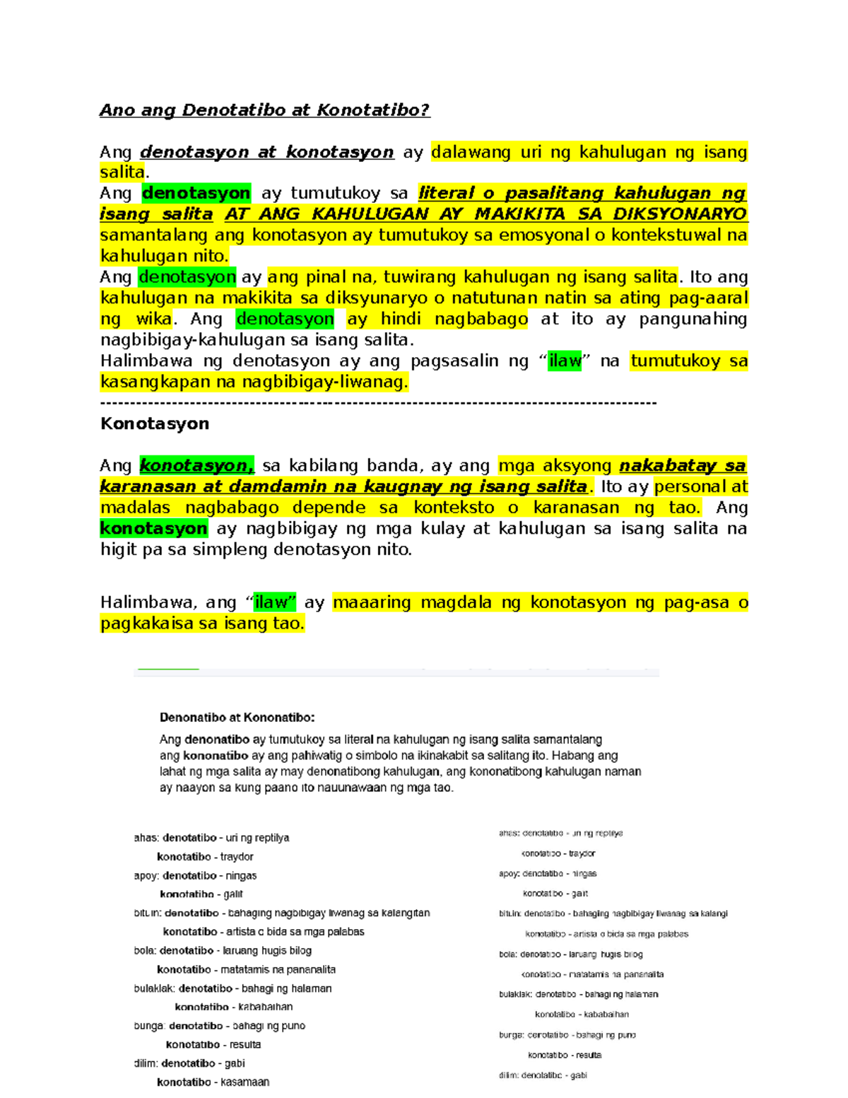 Denotatibo at Konotatibo: Kahulugan at Halimbawa sa Wika - Studocu