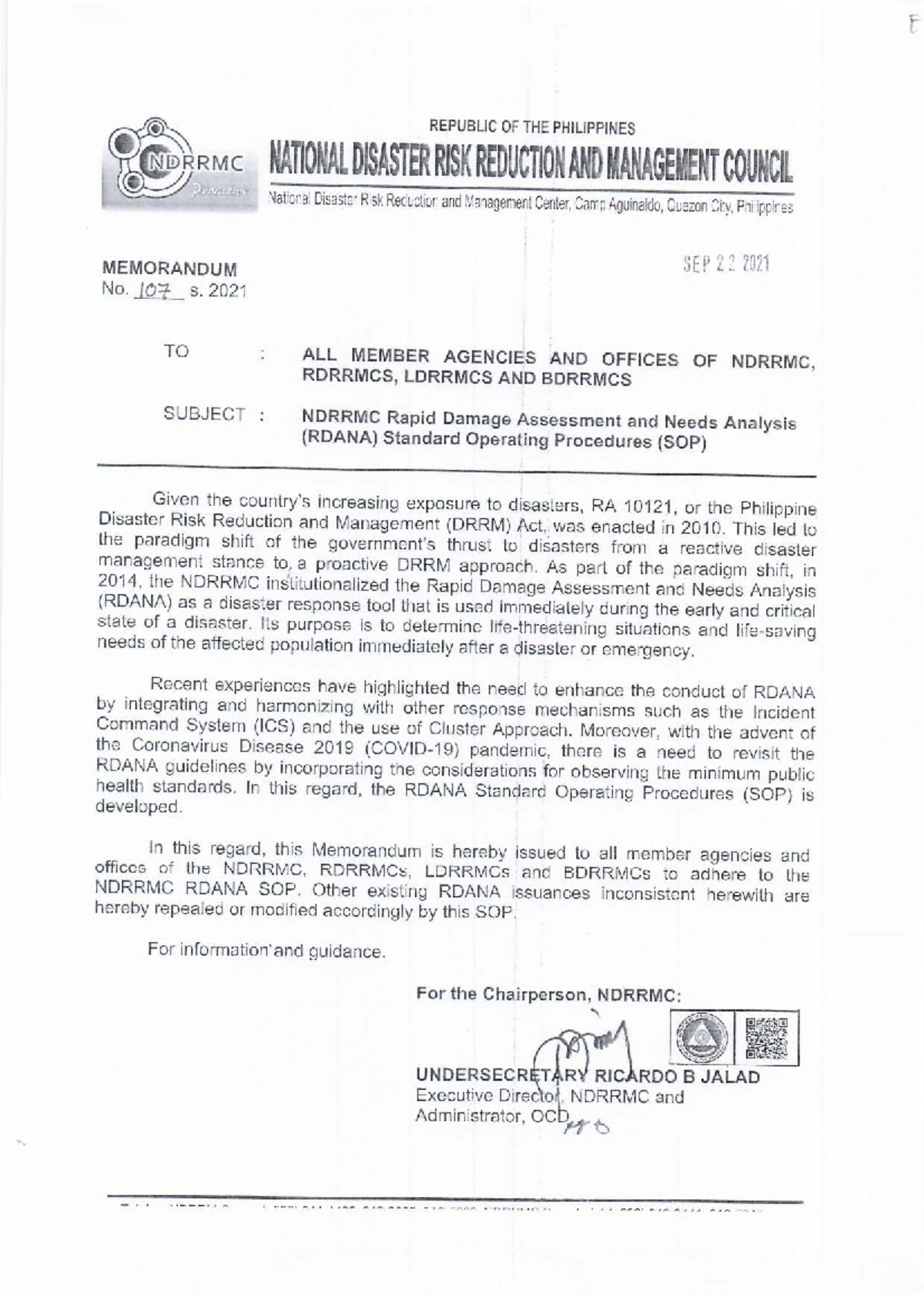 NDRRMC Memorandum No. 107 s. 2021: RDANA Standard Operating Procedures ...