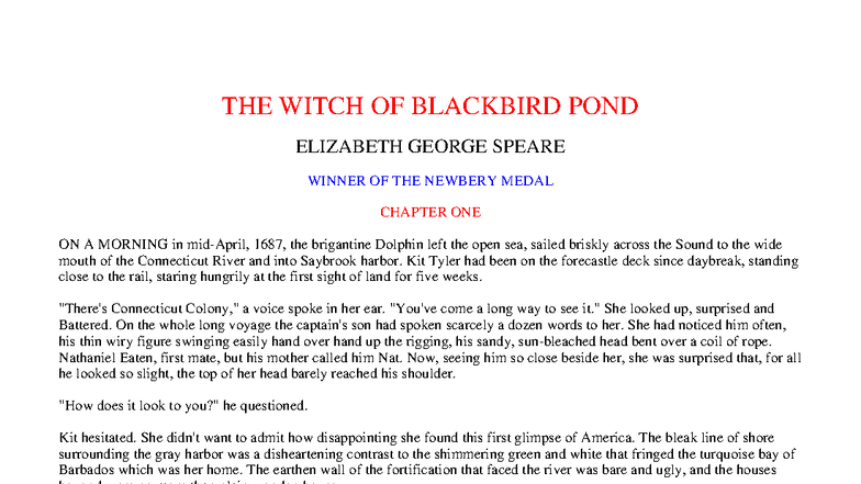 The Witch of Blackbird Pond (ELIZABETH GEORGE SPEARE) - Chapter One ...