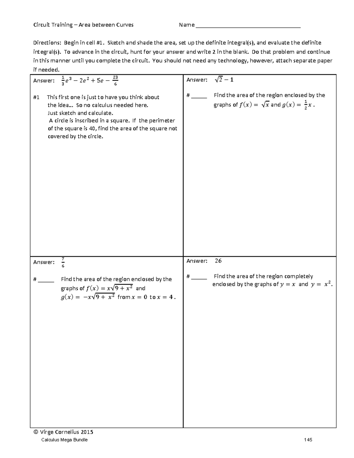 Area Between Curves Circuit Training & Integration Problems - Studocu