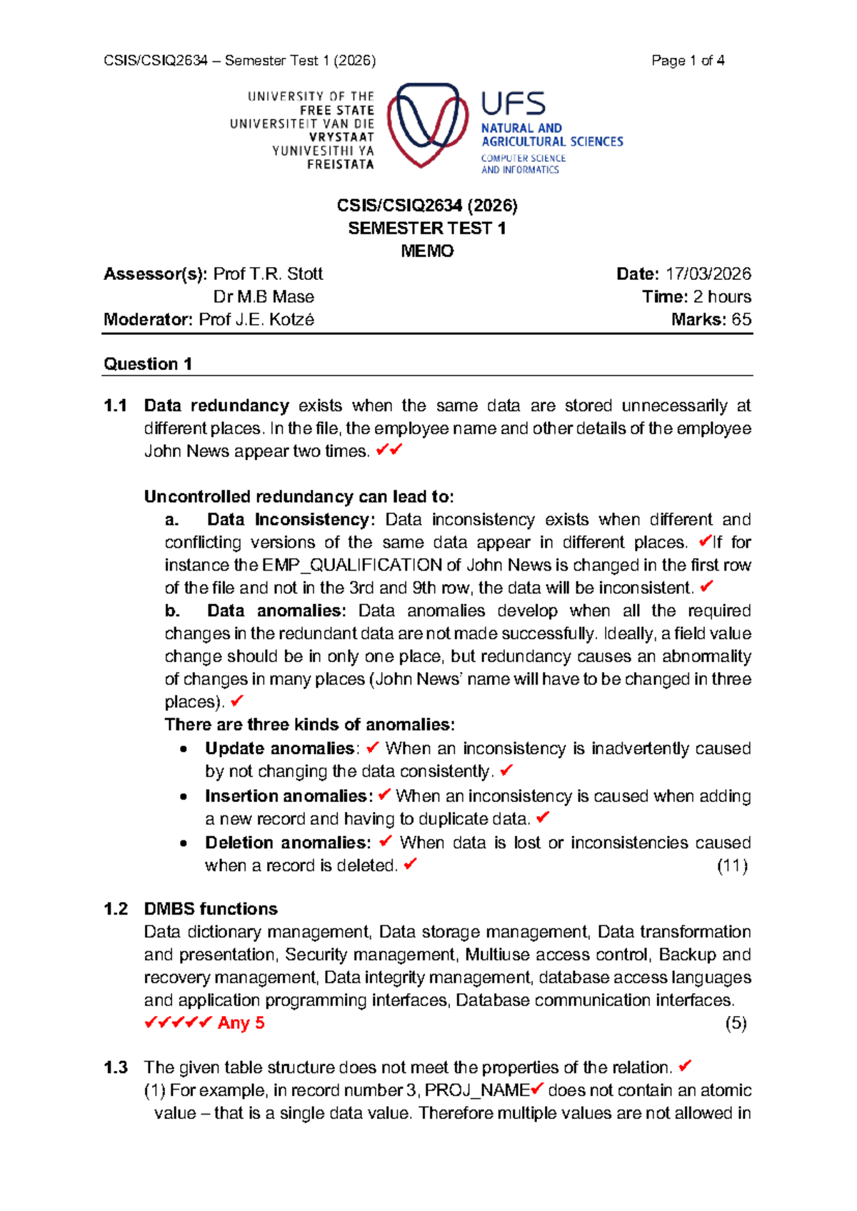Semester Test 1 Memo (2026) - Data Redundancy & DBMS Functions - Studocu