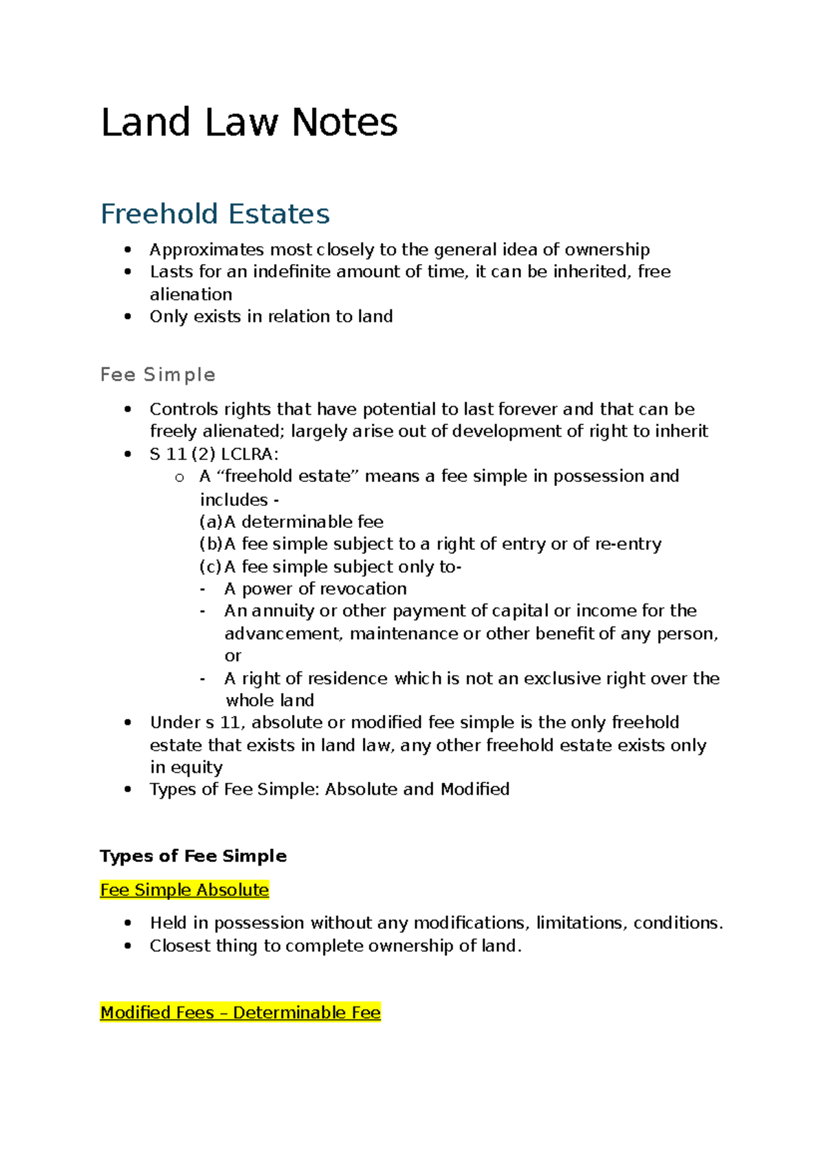 Land Law Notes: Understanding Freehold Estates and Fee Simple Types ...
