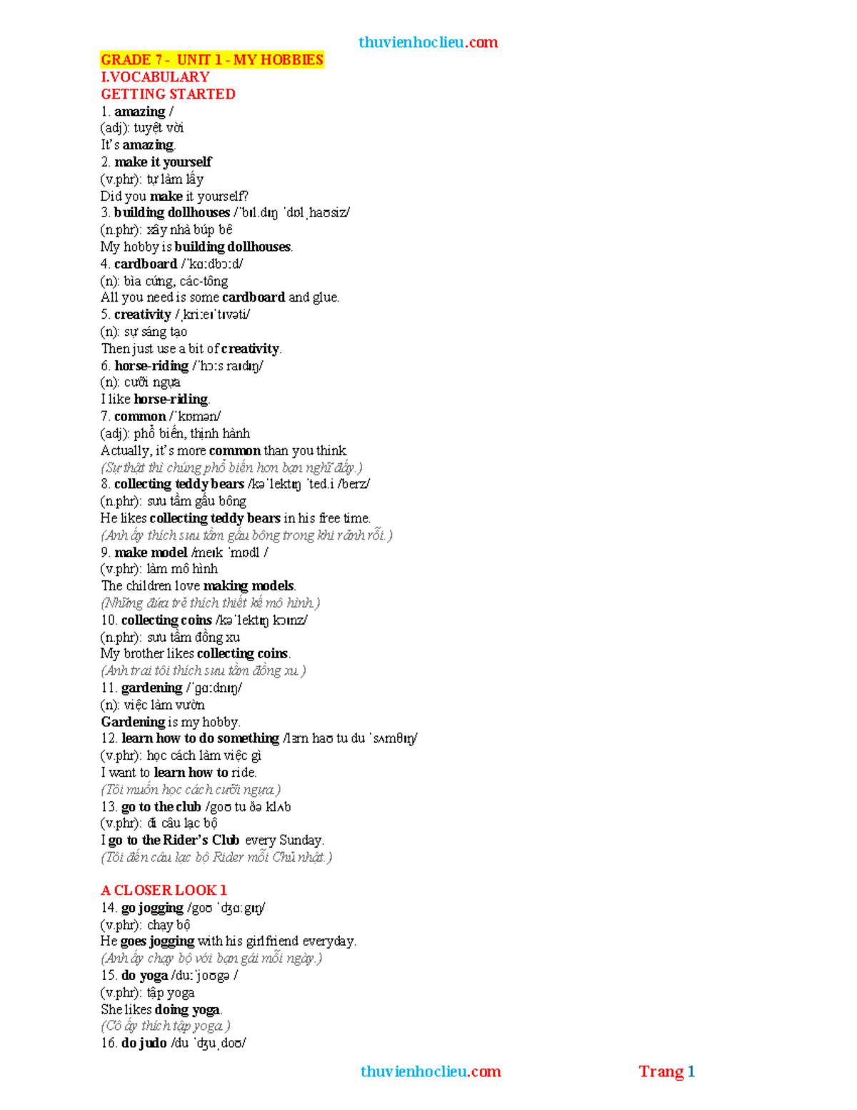 GRADE 7 UNIT 1: MY HOBBIES - VOCABULARY & GRAMMAR NOTES - Studocu