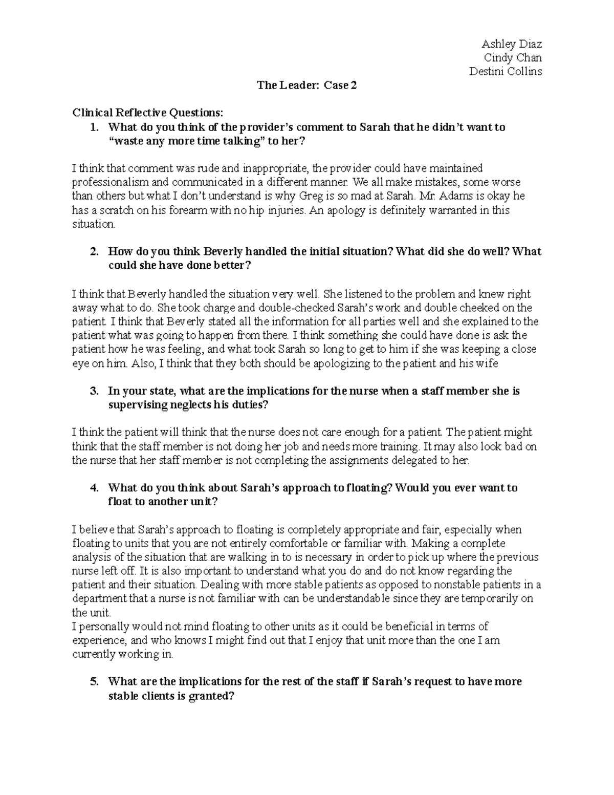 The Leader: Case Study 2 - Clinical Reflection Notes - Studocu