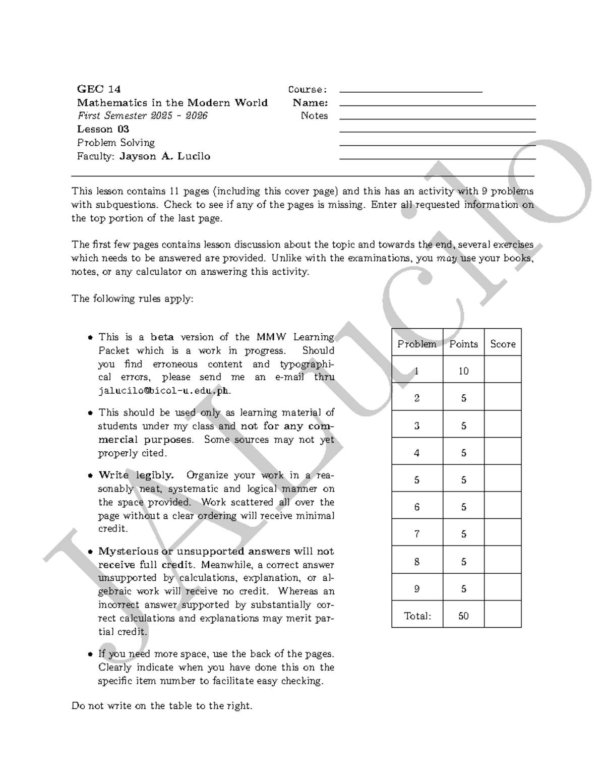 GEC 14 (MMW) Lesson 03: Problem Solving Strategies & Activities - Studocu