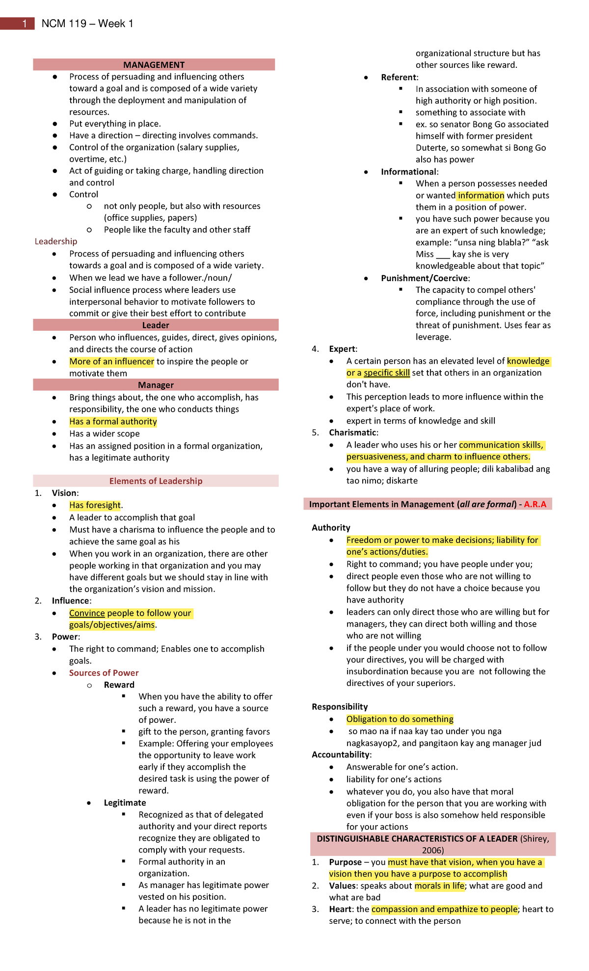 NCM 119 - Finals: Leadership & Management Concepts Compilation - Studocu