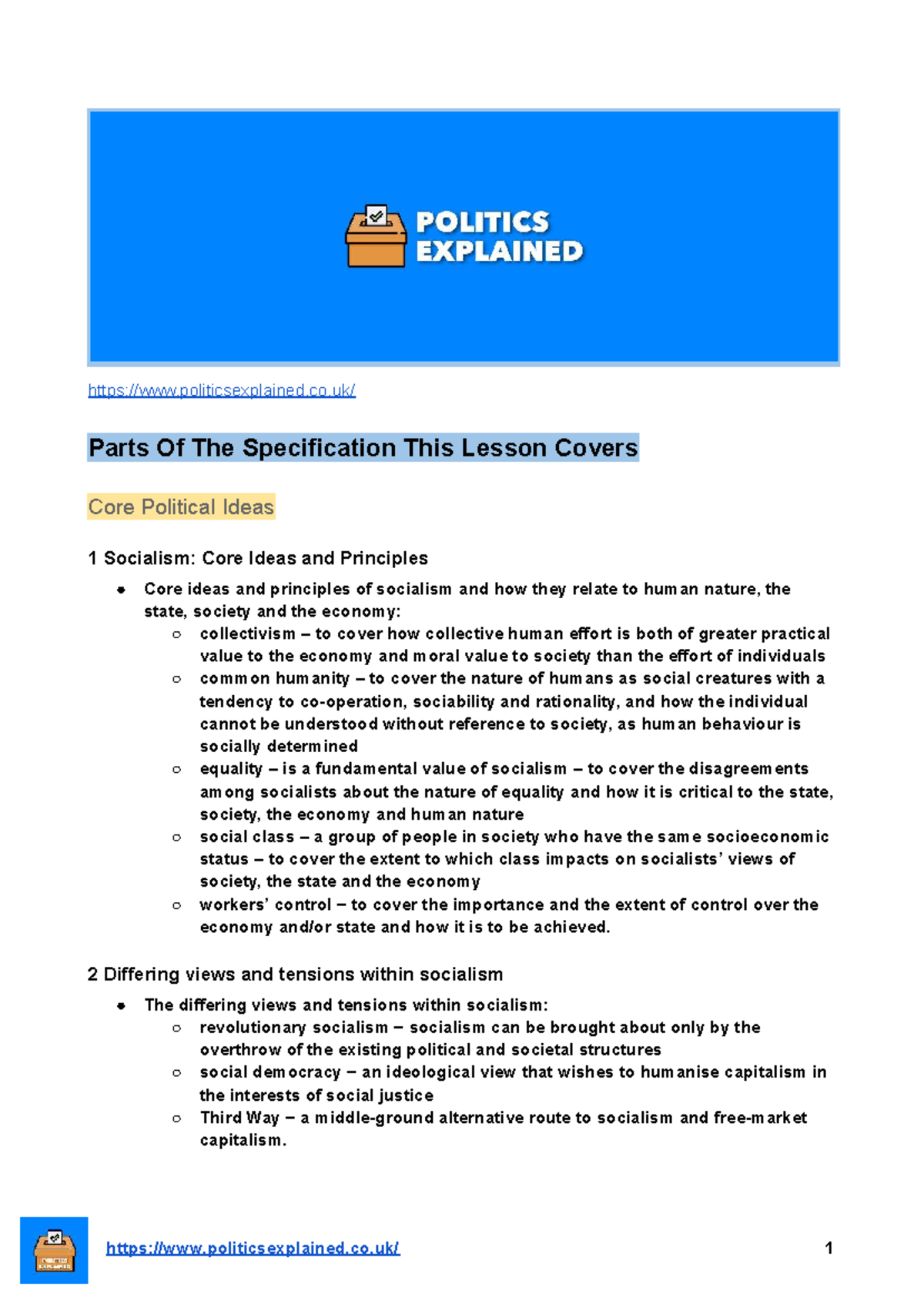 Socialism: Core Principles and Key Divisions (POL101 Lesson Notes ...