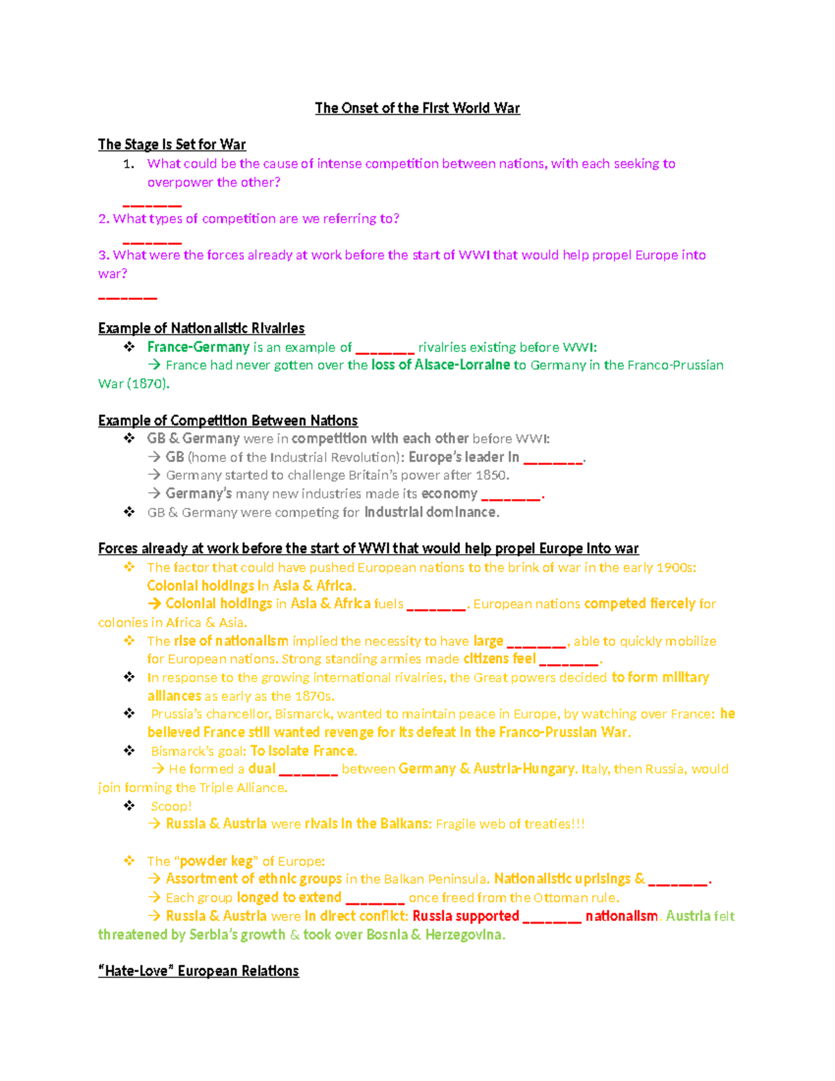 1b Cloze Exercise - WWI - The Onset of the First World War - The Onset ...