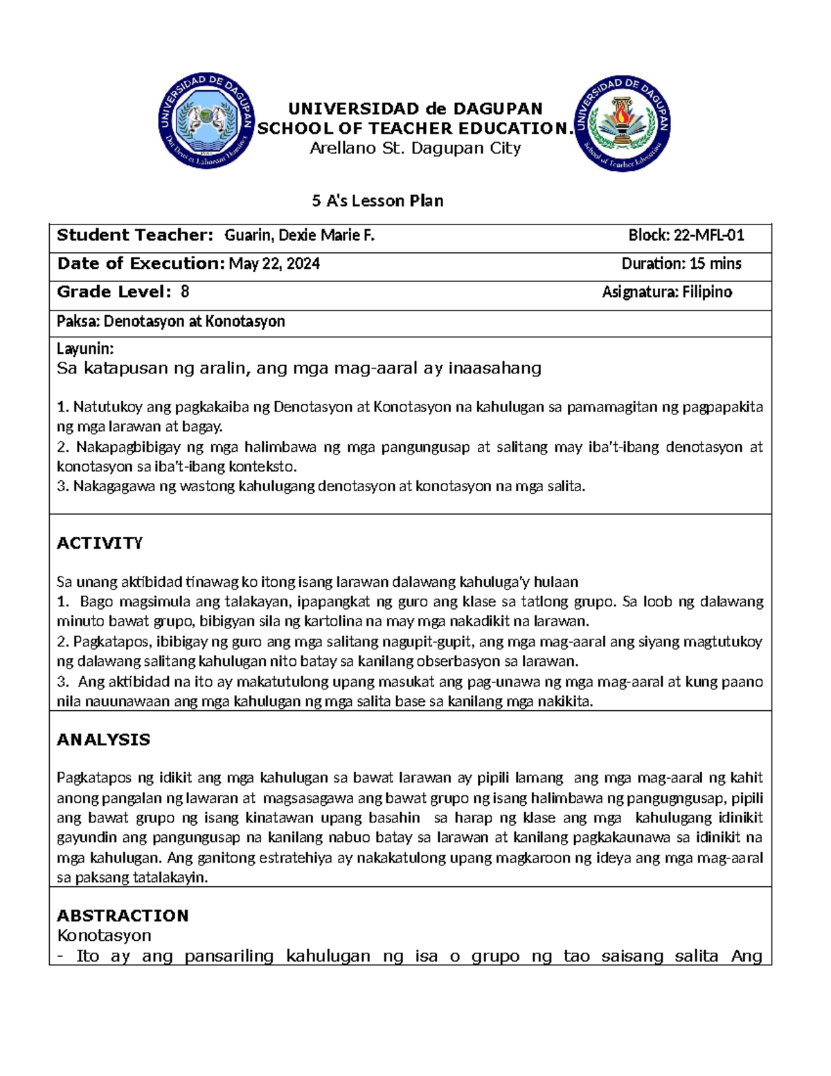 5 A's Lesson Plan for Grade 8 Filipino: Denotation and Connotation ...