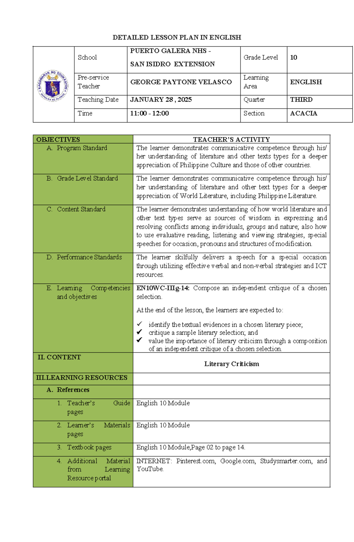 Literary Criticism Lesson Plan (ENG10) - Grade 10, 3rd Quarter - Studocu