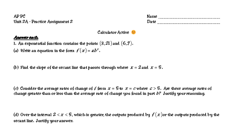 AP PC Unit 2A Practice Assignment 3: Exponential Functions & Rates ...