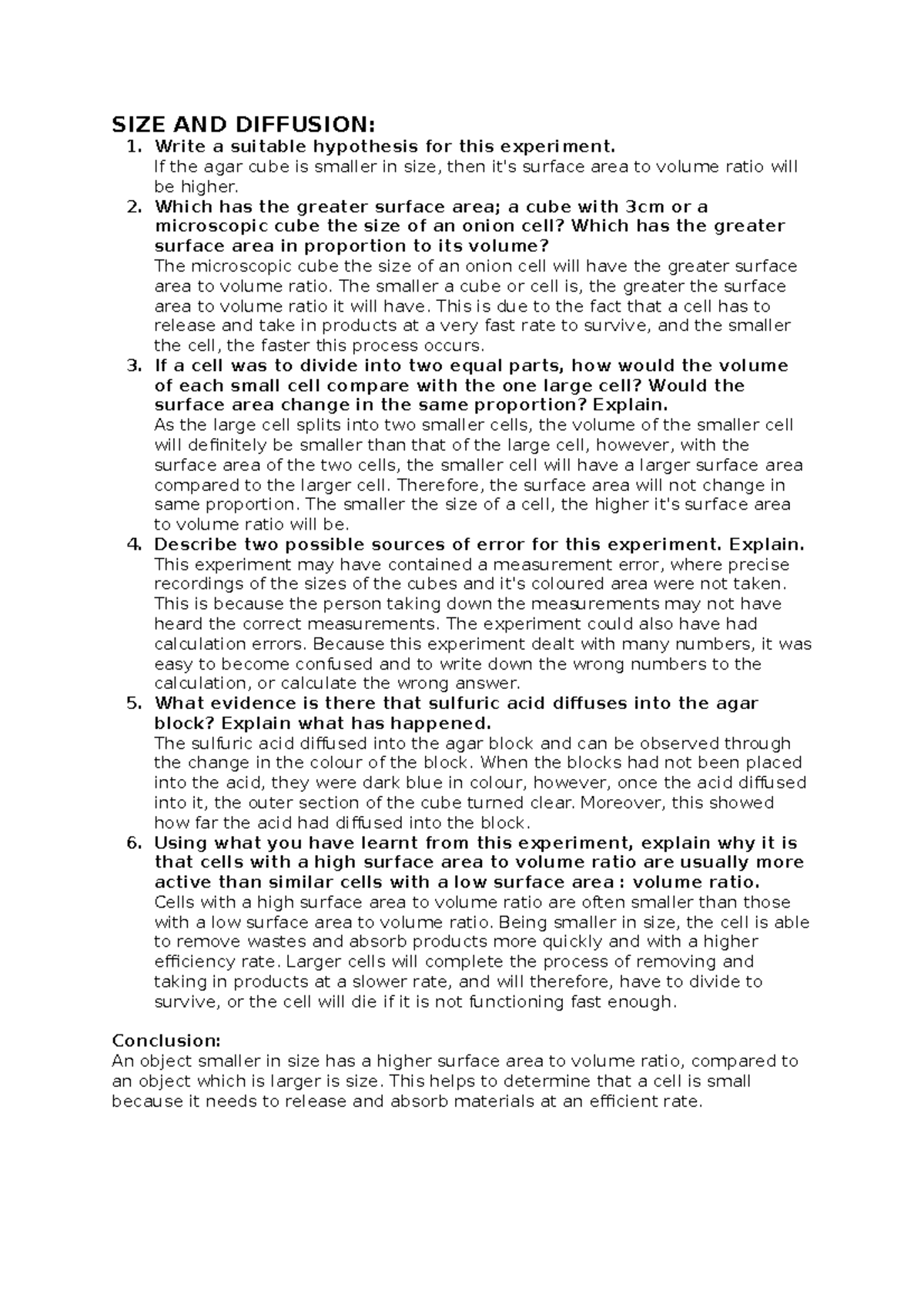 Prac Report Biology - SIZE AND DIFFUSION: Write a suitable hypothesis ...