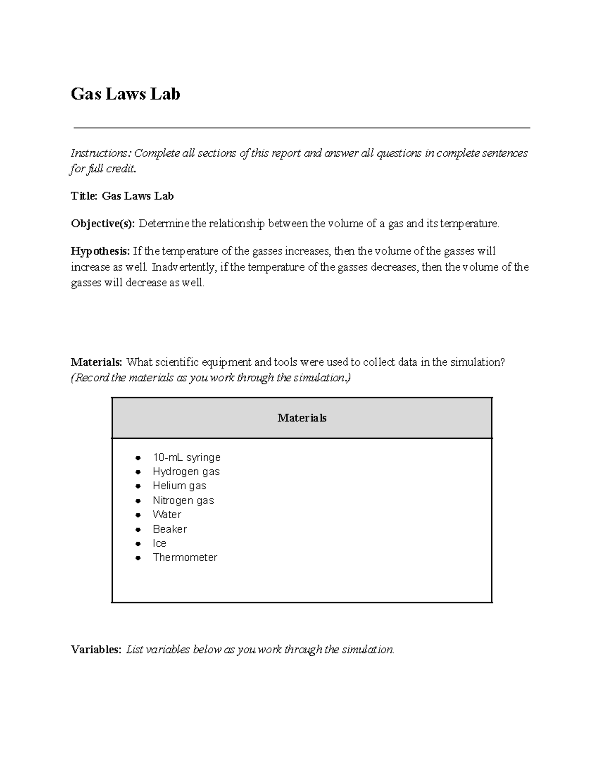 Gas Laws Lab Report: Exploring Charles's Law Relationships - Studocu