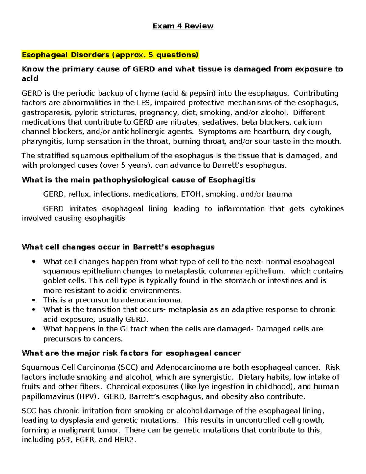 Exam 4 Review: Pathophysiology of Esophageal & Stomach Disorders - Studocu