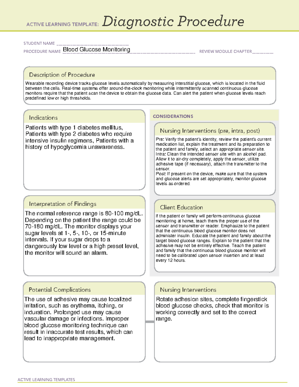 ATI - Diagnostic Procedure Template for Blood Glucose Monitoring - Studocu
