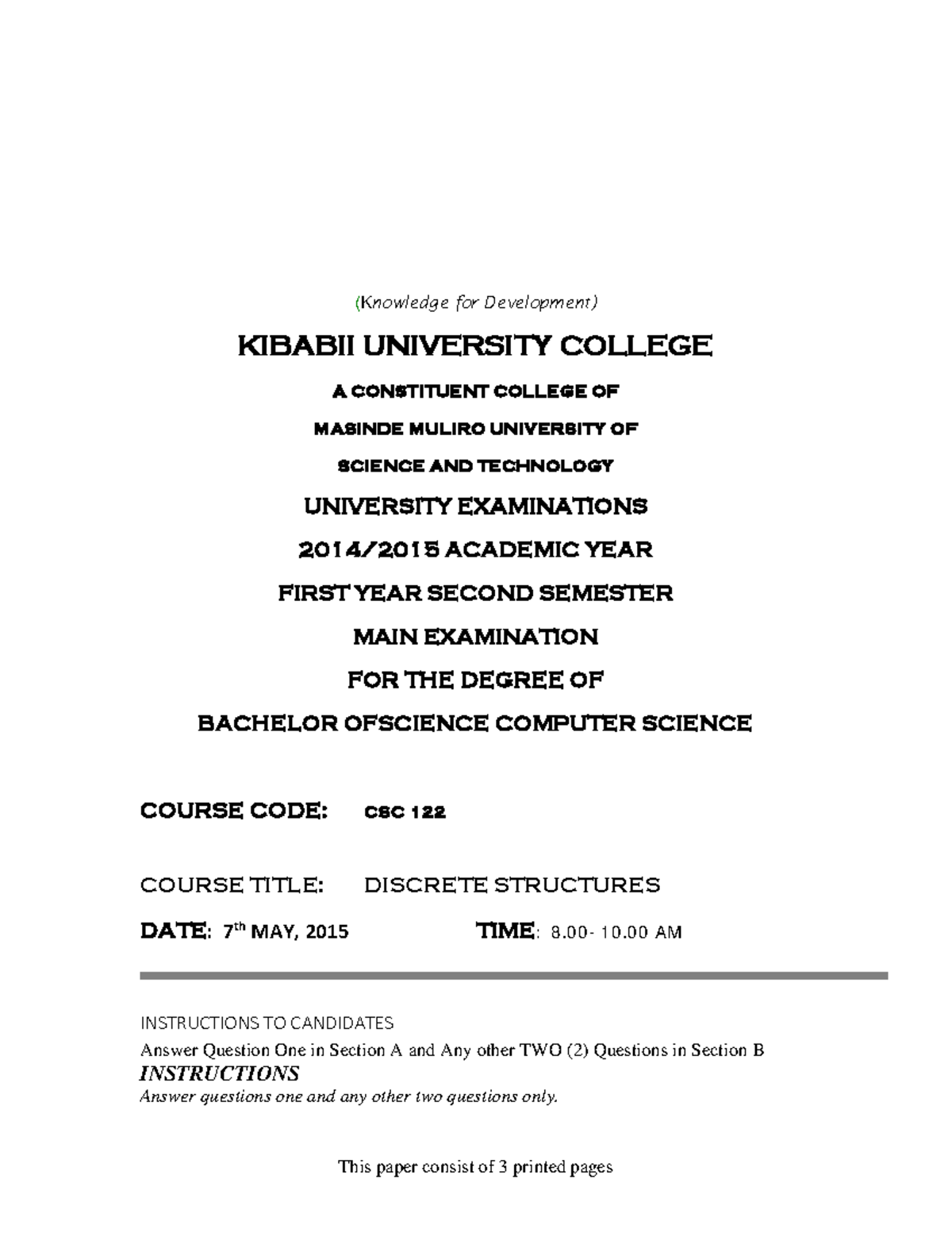 CSC 122: Discrete Structures II - Exam Notes and Questions - Studocu