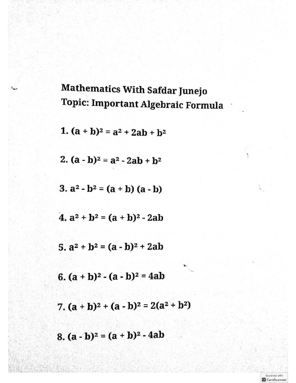 Mathematics 101: Key Algebraic Formulas for Success - Studocu
