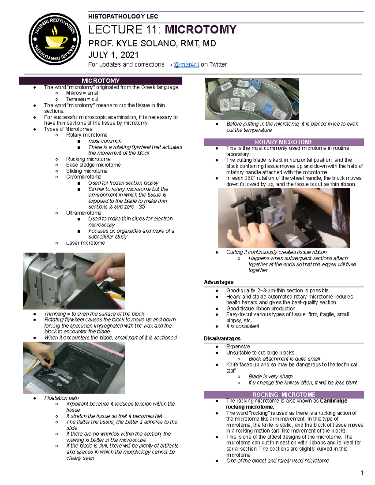 HISTOPATHOLOGY 514322322 LEC: Microtomy Techniques and Types - Studocu