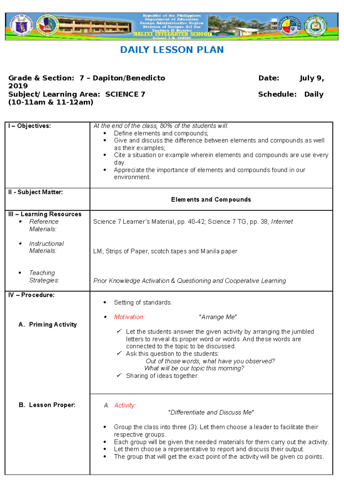 Science 7 DLP for Class Observation (1st Quarter) - DAILY LESSON PLAN ...