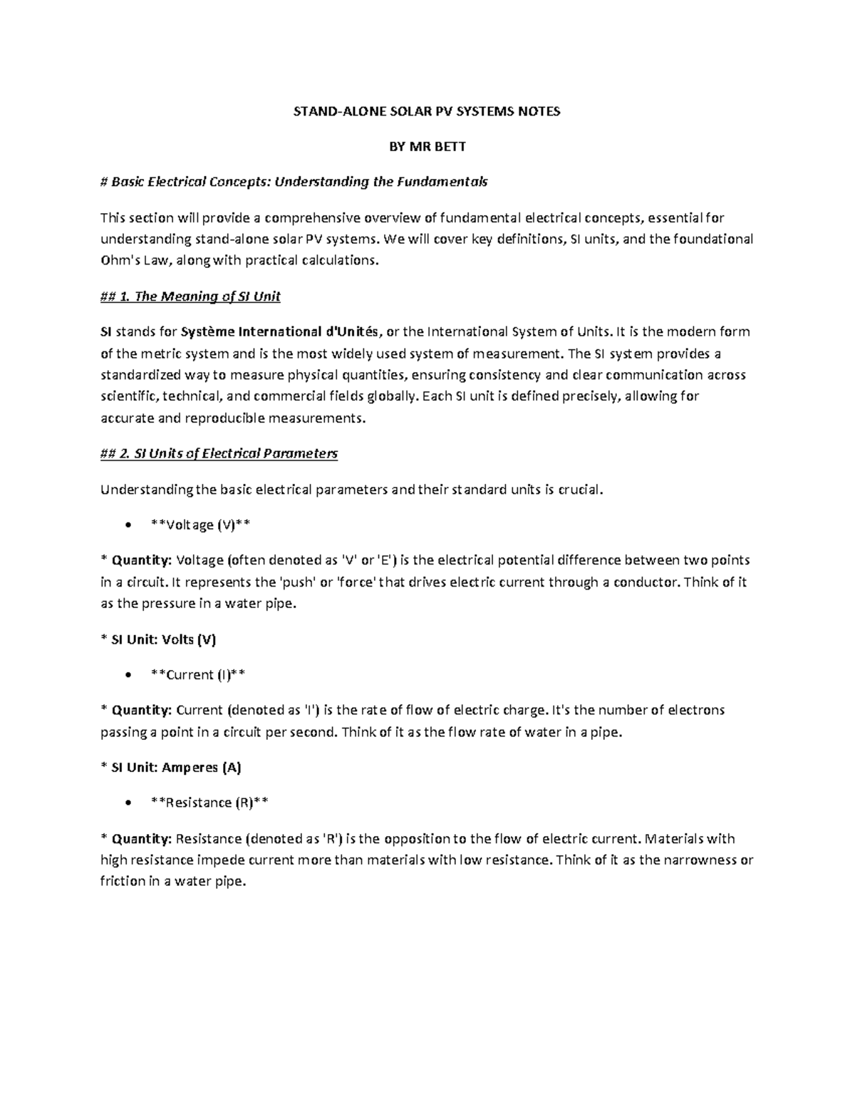 SOLAR PV SYSTEMS NOTES (MR BETT) - Basic Electrical Concepts - Studocu