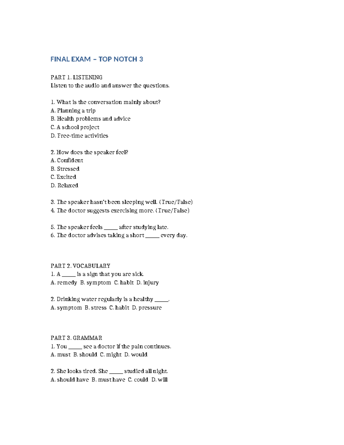 Top Notch 3 Final Exam: Listening, Vocabulary & Grammar - Studocu