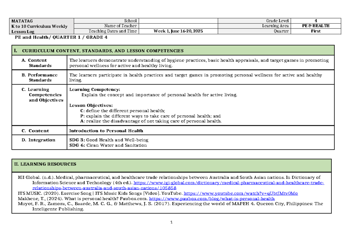 PE and Health 4 DLL Q1 W1: Personal Health and Active Living Lesson Log ...