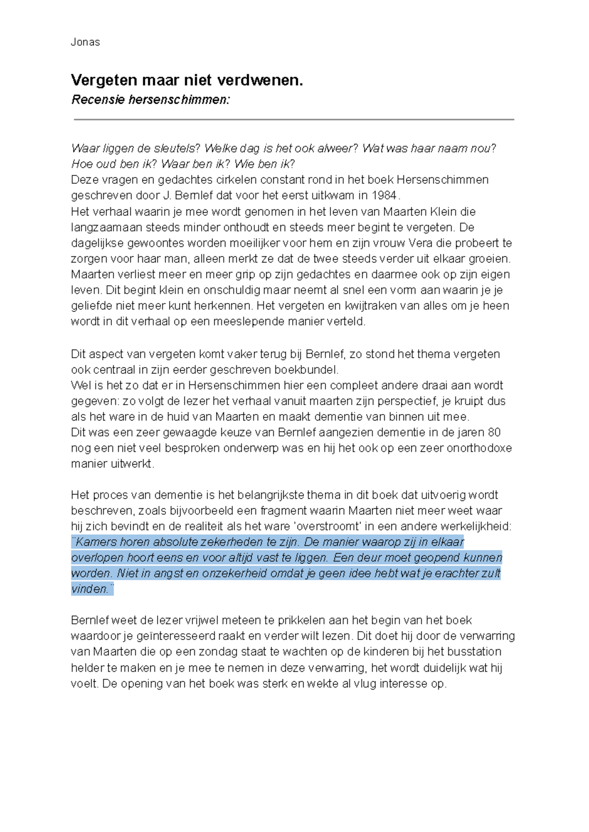 Toets recensie V5D: Hersenschimmen van J. Bernlef Beoordeling - Studeersnel