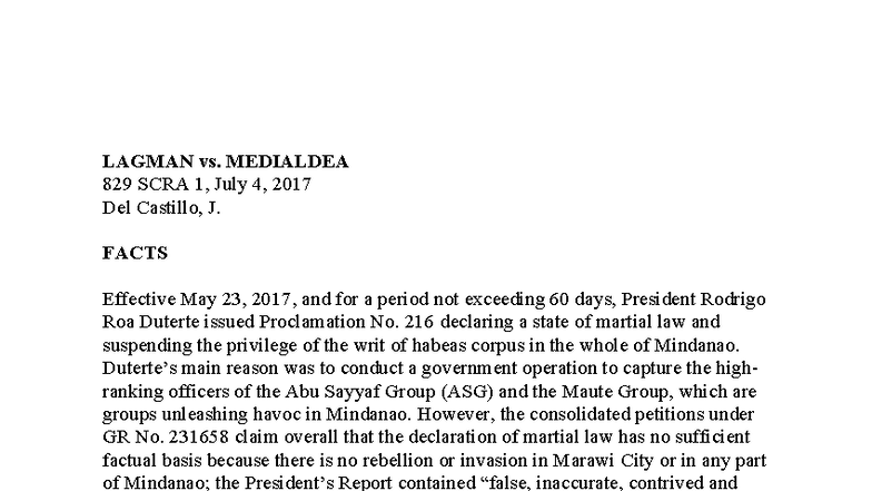 LAGMAN vs. MEDIALDEA: Review of Proclamation No. 216 (G.R. No. 231658 ...