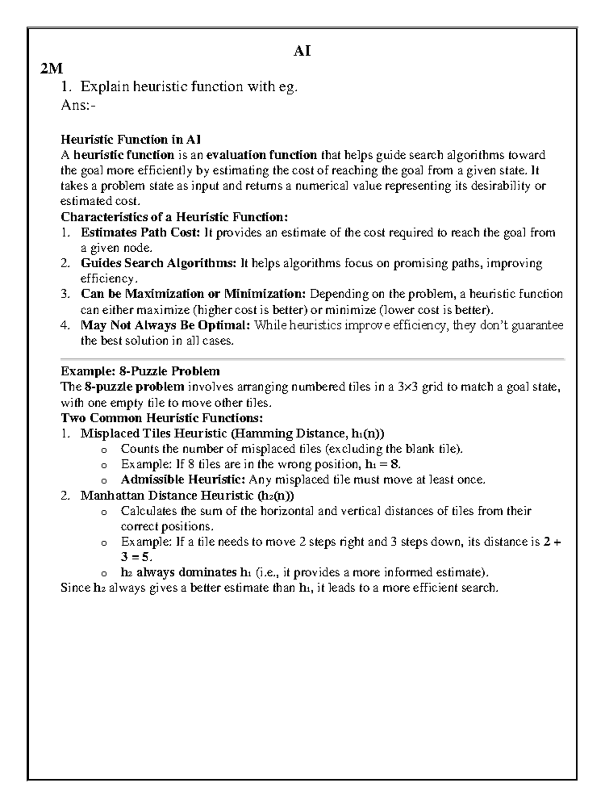 AI UT 1 questions with solution - AI 2M 1. Explain heuristic function ...