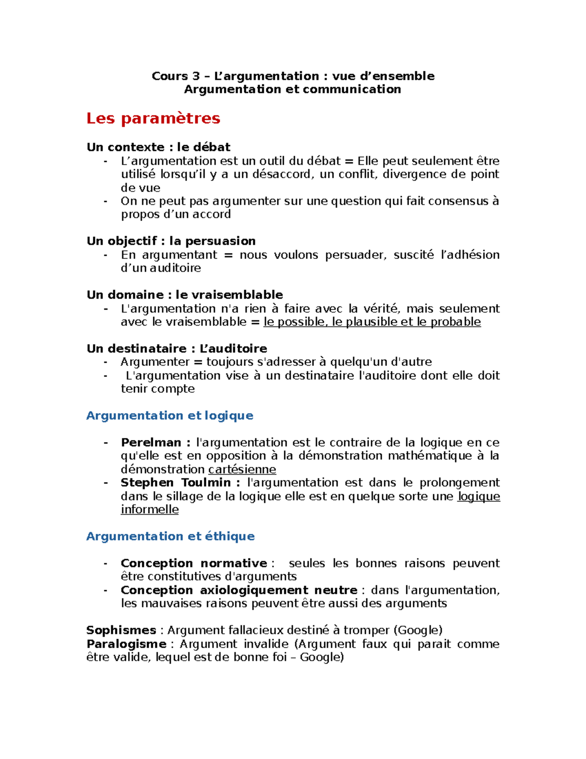 Cours 3 : Argumentation et Communication - Concepts Clés et Techniques - Studocu