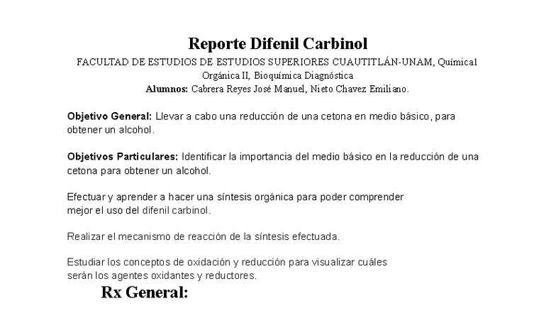 Reporte de Síntesis de Difenil Carbinol - Química 2 Orgánica II - Studocu