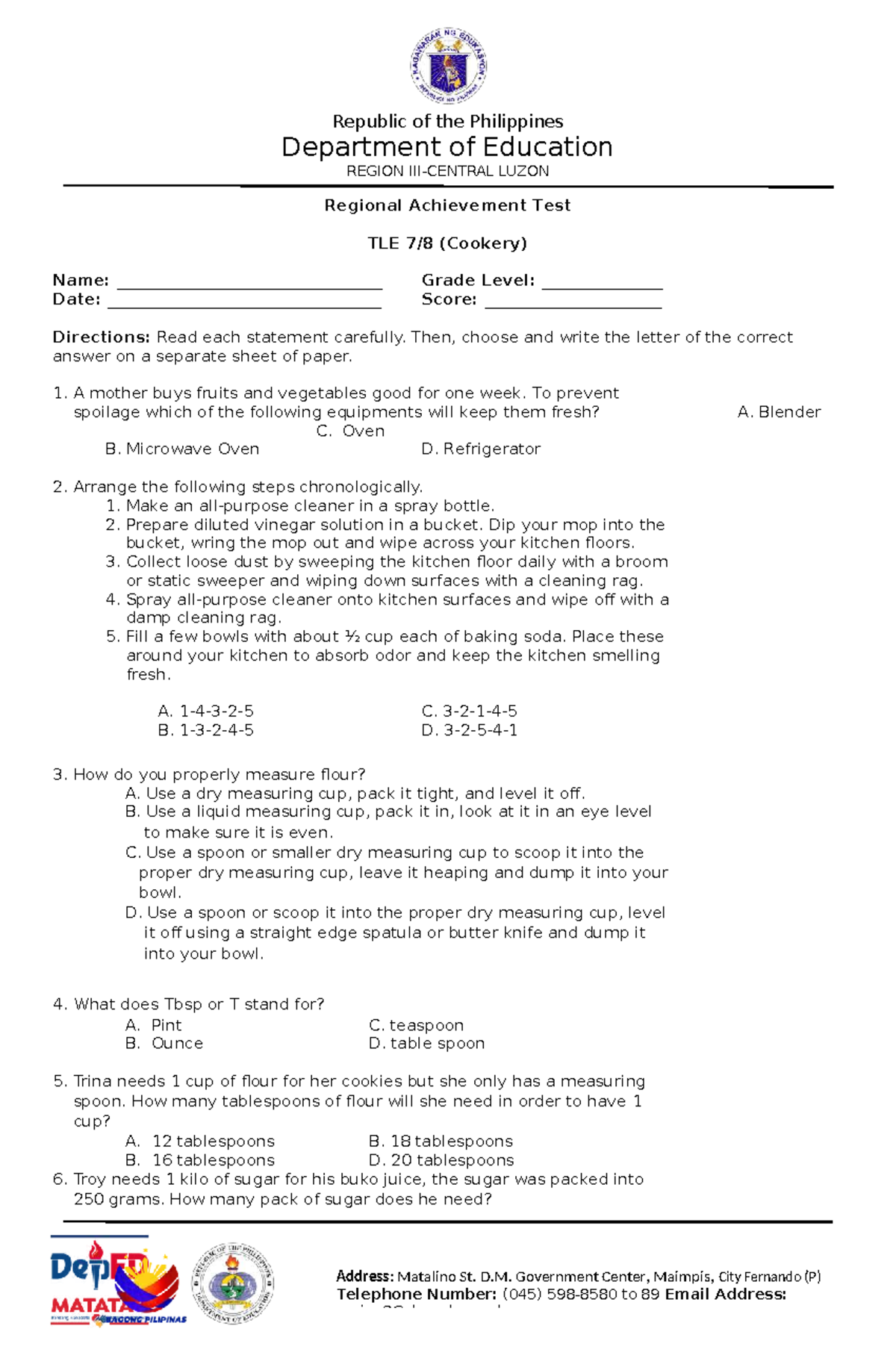 Regional Achievement Test (RAT) TLE Cookery 7 & 8 - Sample Questions ...