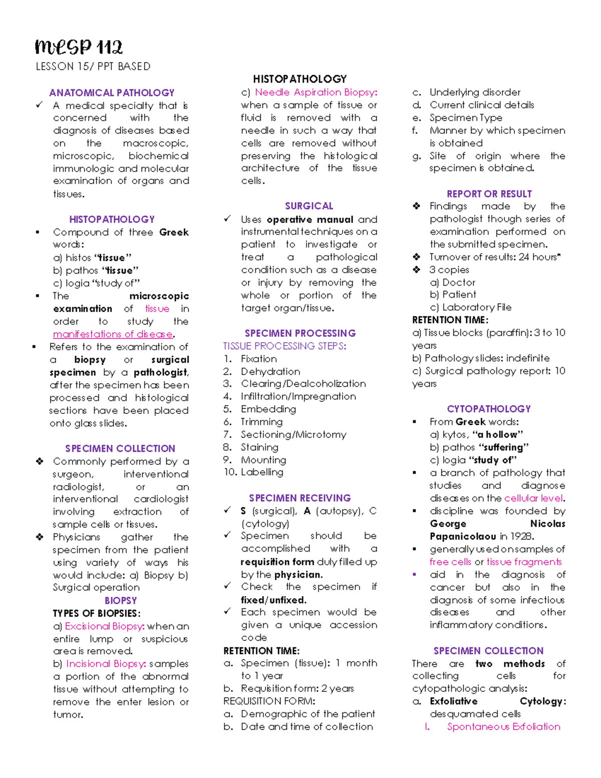 MLSP 112 LESSON: Histopathology & Needle Aspiration Biopsy Insights ...
