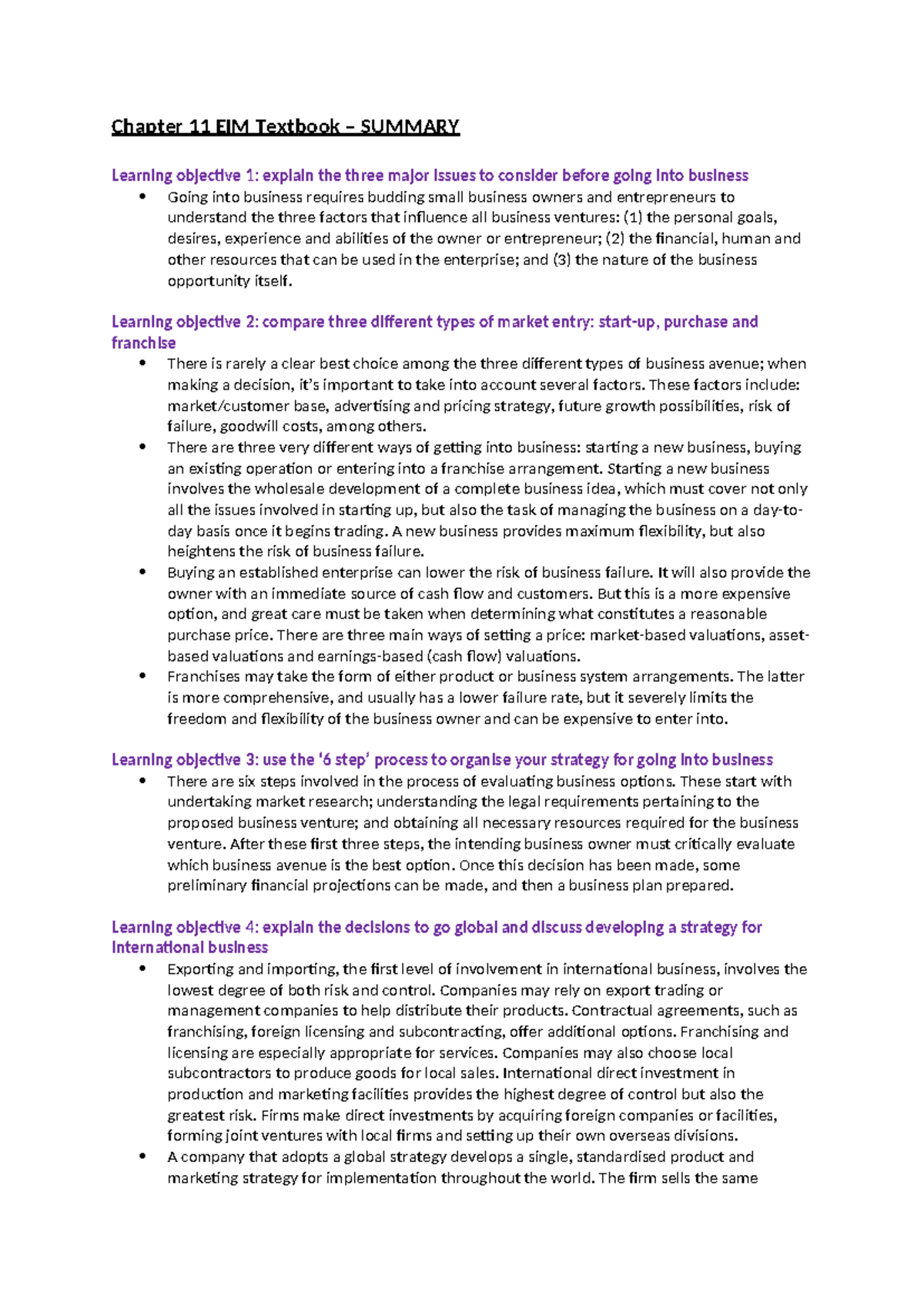 Chapter 11 EIM Textbook Summary: Key Business Entry Strategies - Studocu
