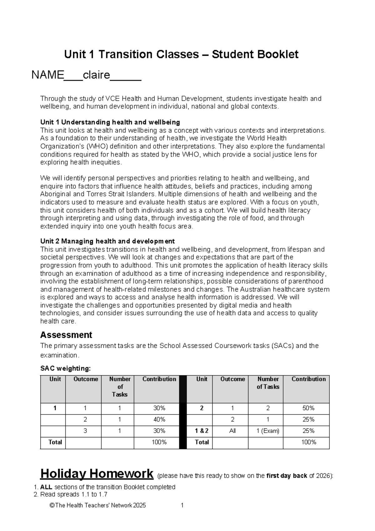 Unit 1 Transition Booklet 2025: VCE Health & Human Development Guide ...
